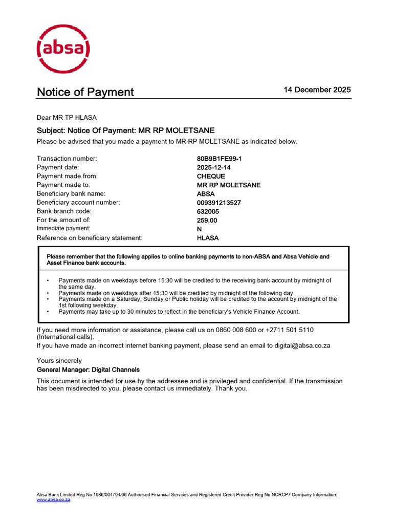 Absa Payment Notice for MR RP Moletsane | PDF