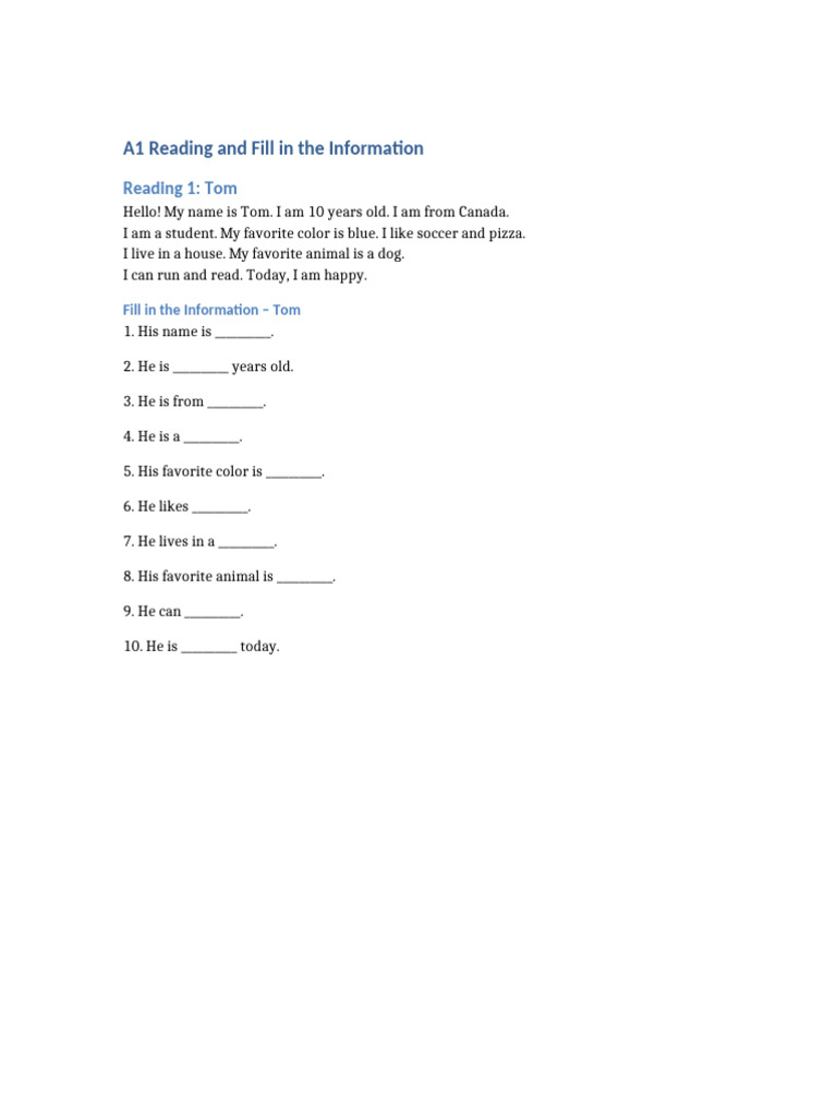 A1 Readings Fill in Information | PDF
