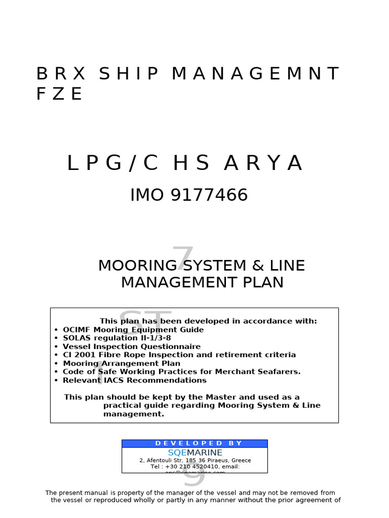 HS ARYA Mooring & Line Management Plan | PDF | Shipping | Water Transport