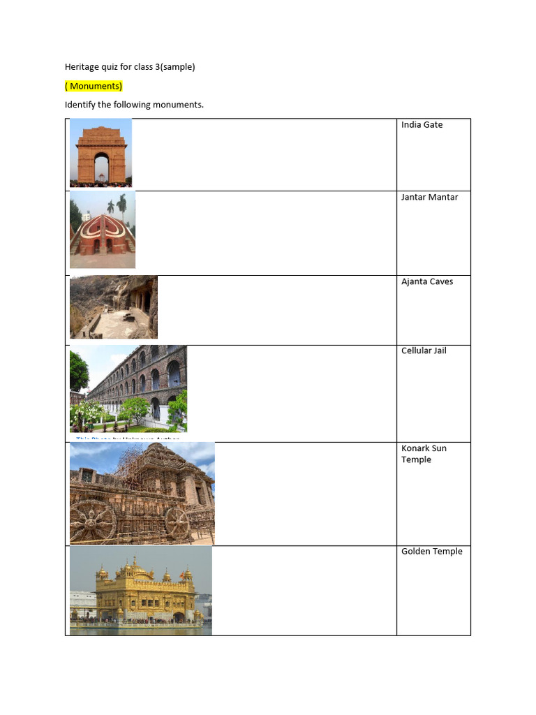 Heritage Quiz for Class 3 Sample 2023 | PDF