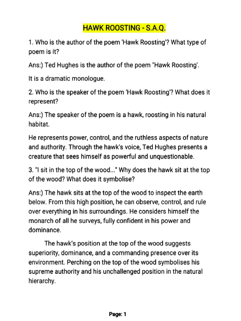 Hawk Roosting - s.a.q. - Class Xii; Sem IV | PDF