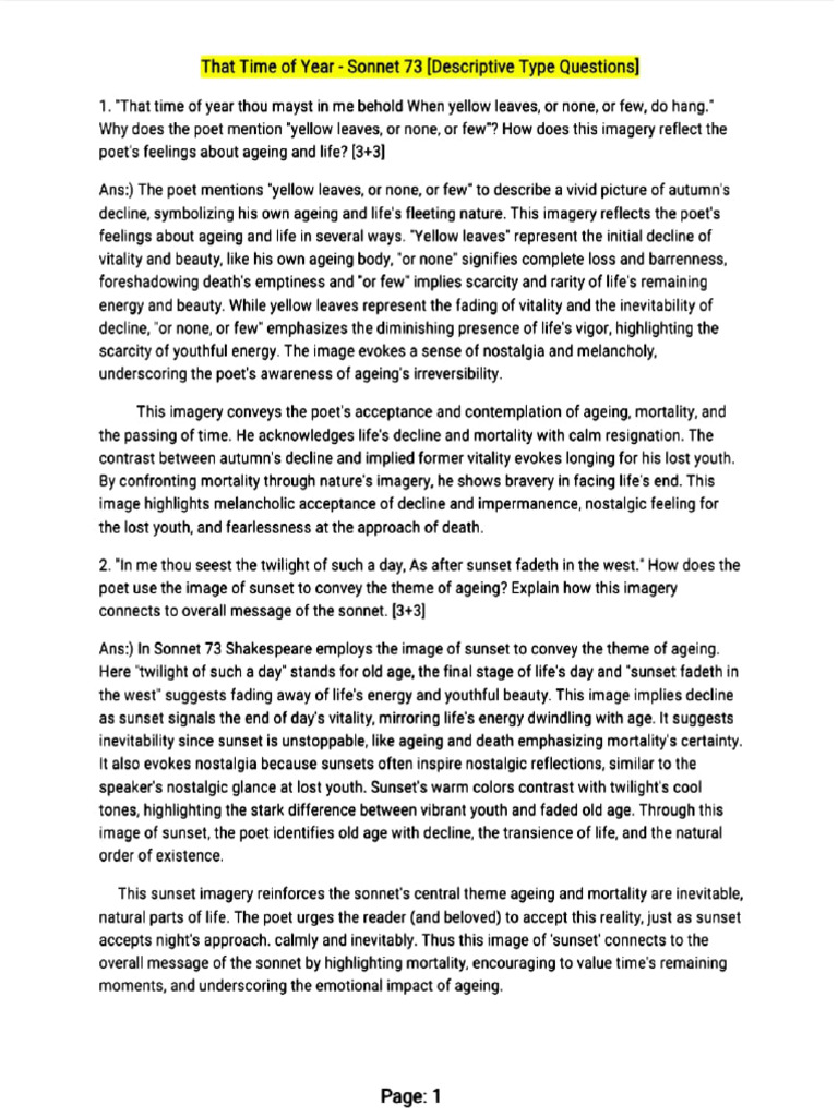 Sonnet 73; l.a.q. (Class-xii; Sem-IV) | PDF