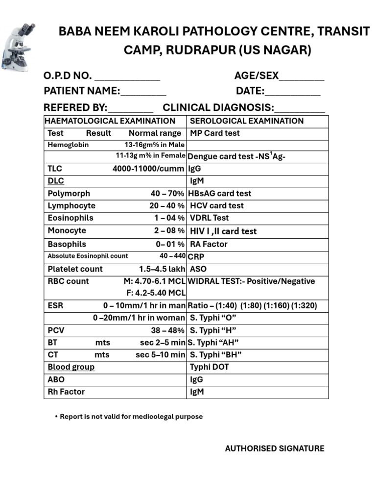 Patient Hematology and Serology Report | PDF