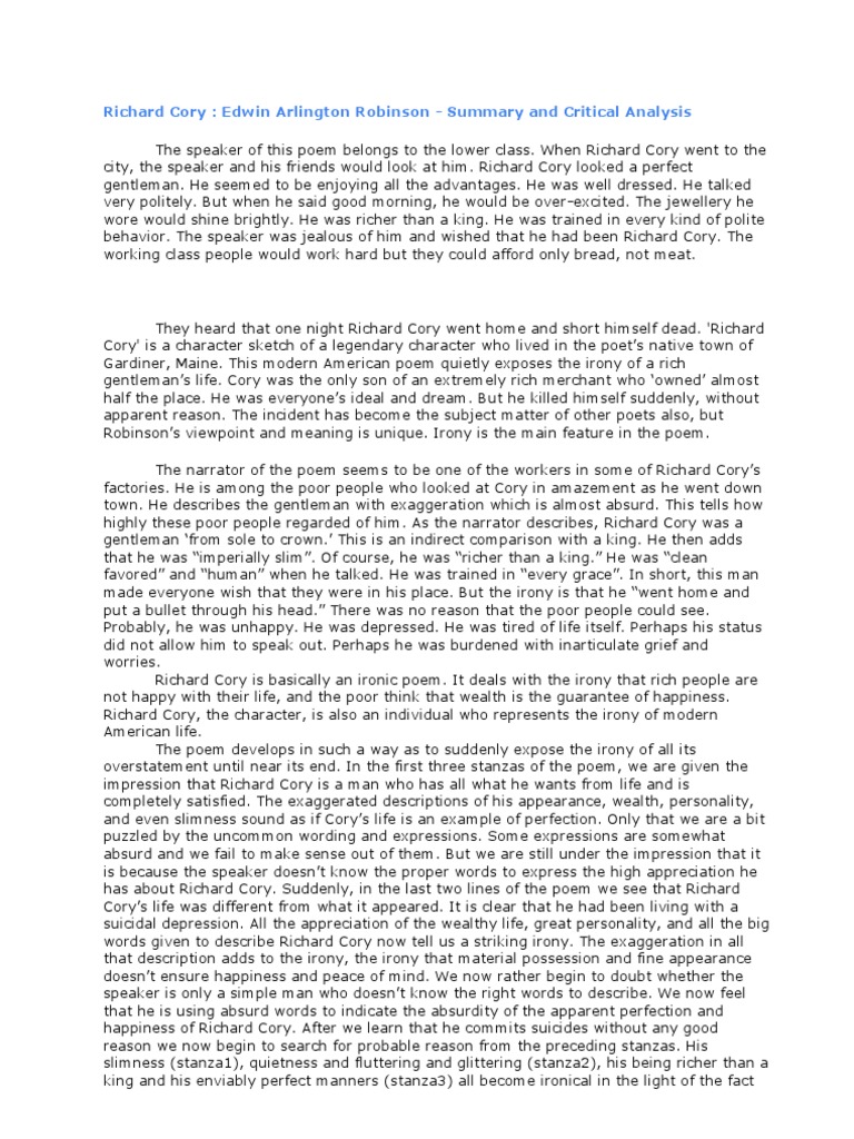 Comparing Edwin Arlington Robinson’S Richard Cory And Paul Simon – NVAON