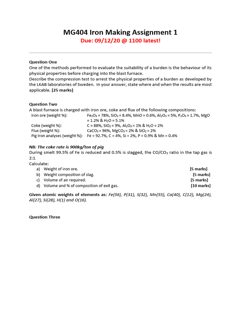 Iron Making Assignment: Blast Furnace Analysis | PDF | Iron | Blast Furnace