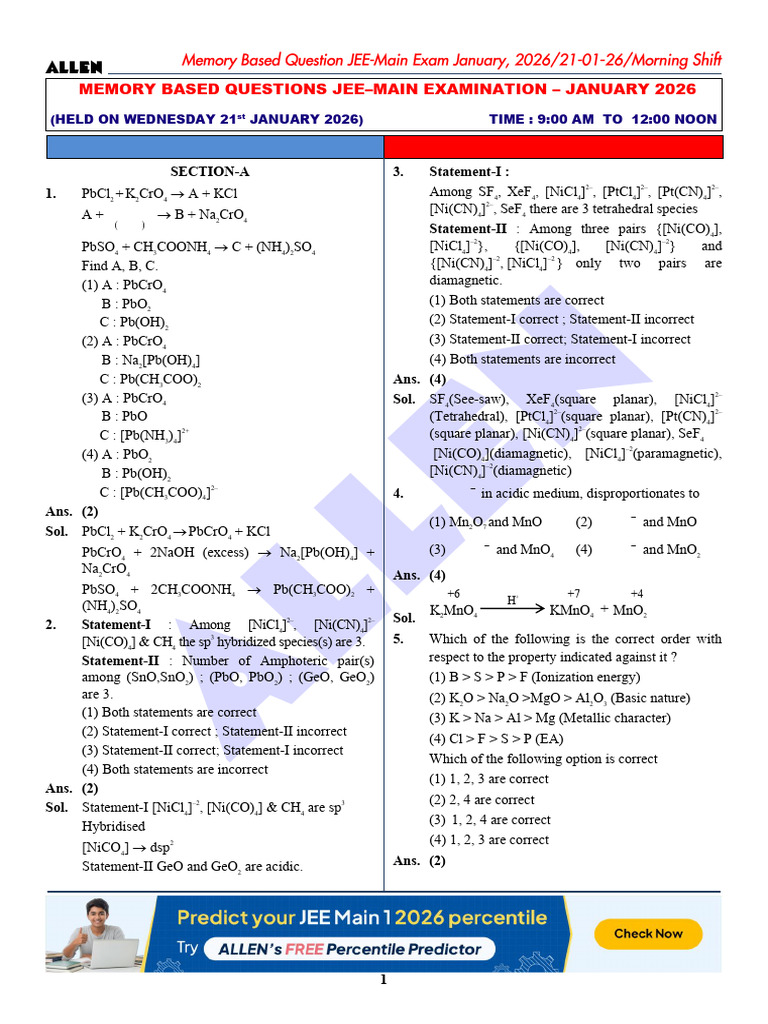 2101-Chemistry Memory Based Paper With Sol Mornin 260124 192731 | PDF | Isomer | Amine