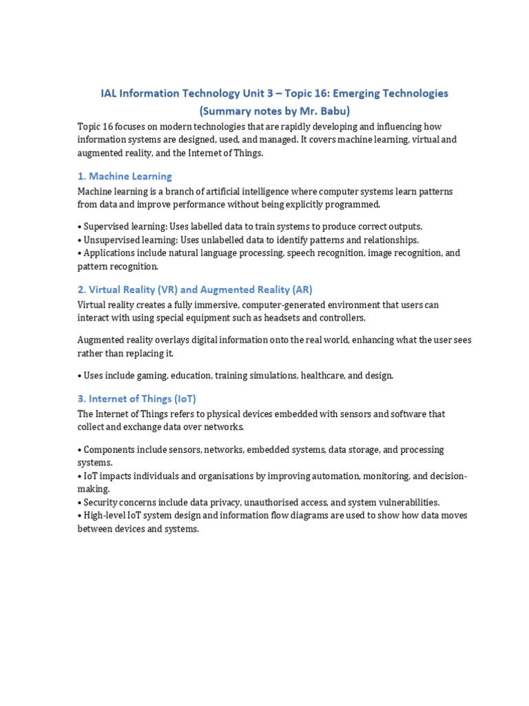 Emerging Technologies in IT: ML, VR, IoT | PDF