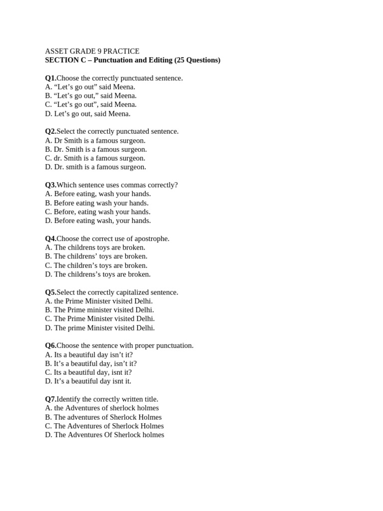 Grade 9 Punctuation Practice Quiz | PDF | Comma | Grammatical Number