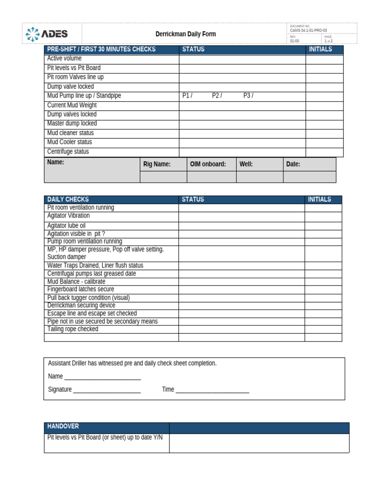 Cams 04.1-01-Pro-03 - Derrickman Daily Form | PDF | Pump | Gas Technologies