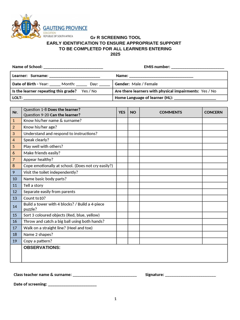 Screening Tool Grade R -2025 | PDF