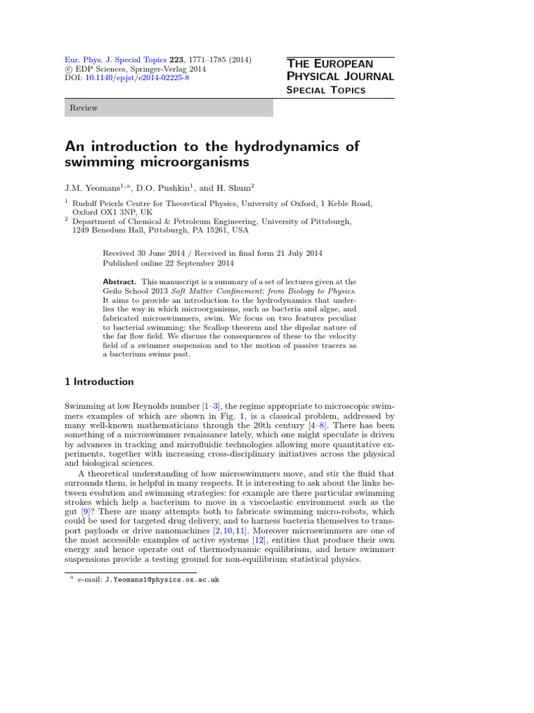 Hydrodynamics of Swimming Microorganisms | PDF | Force | Fluid Dynamics