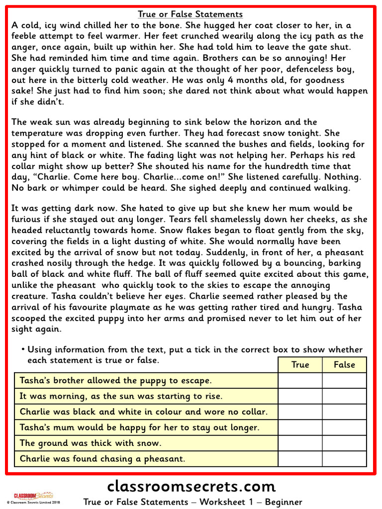True or False Statements Ks2 Reading Interactive Beginner | PDF ...