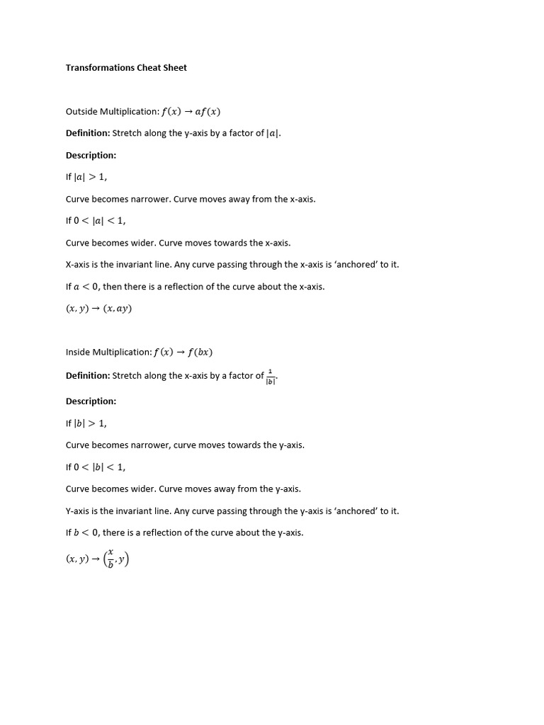 Transformations Cheat Sheet Guide | PDF