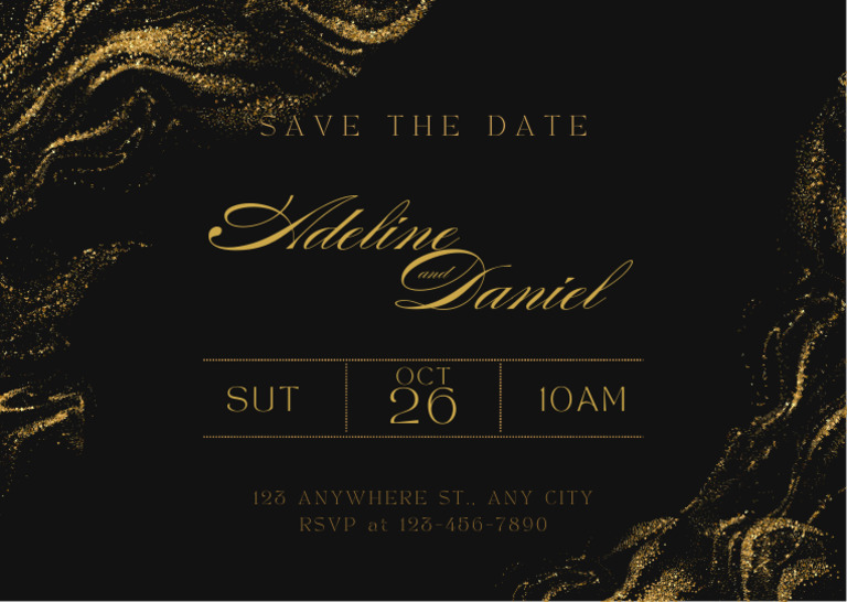 Black and Gold Glitter Elegant Calligraphy Save the Date Invitation | PDF