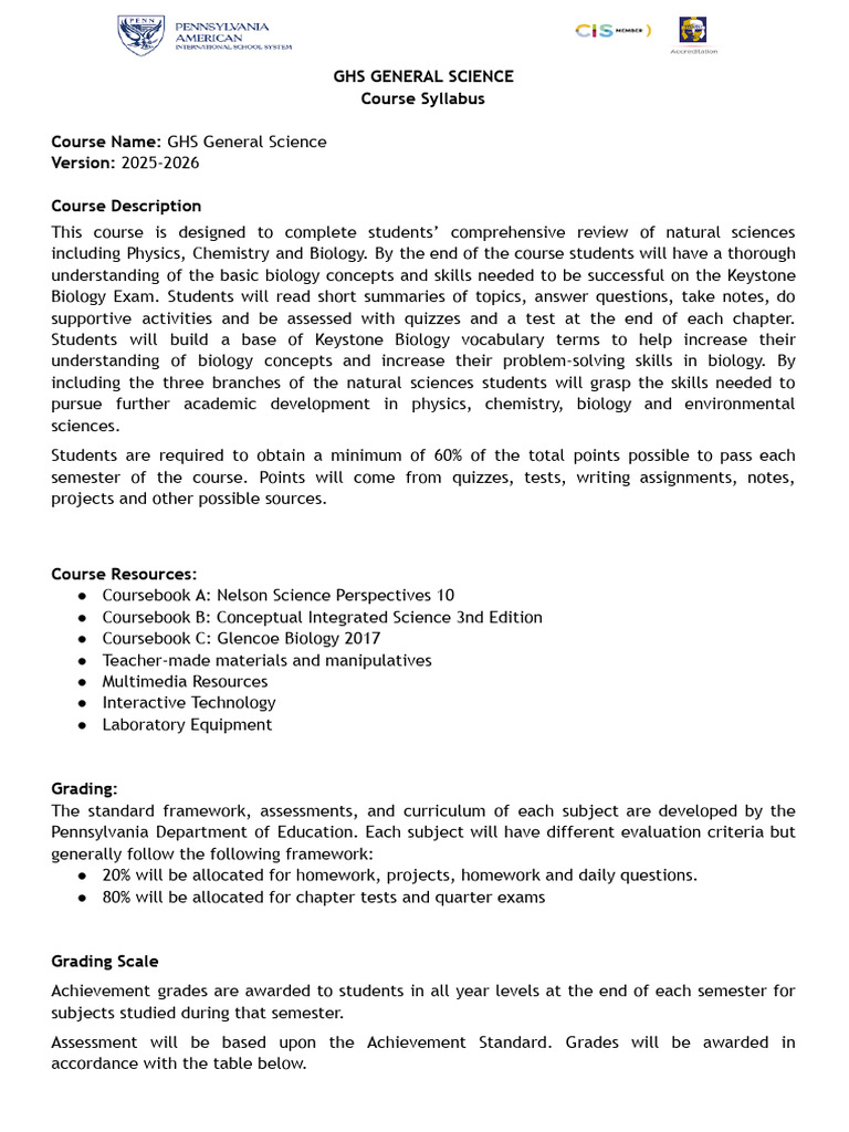 GHS General Science Course Syllabus | PDF | Science | Educational ...