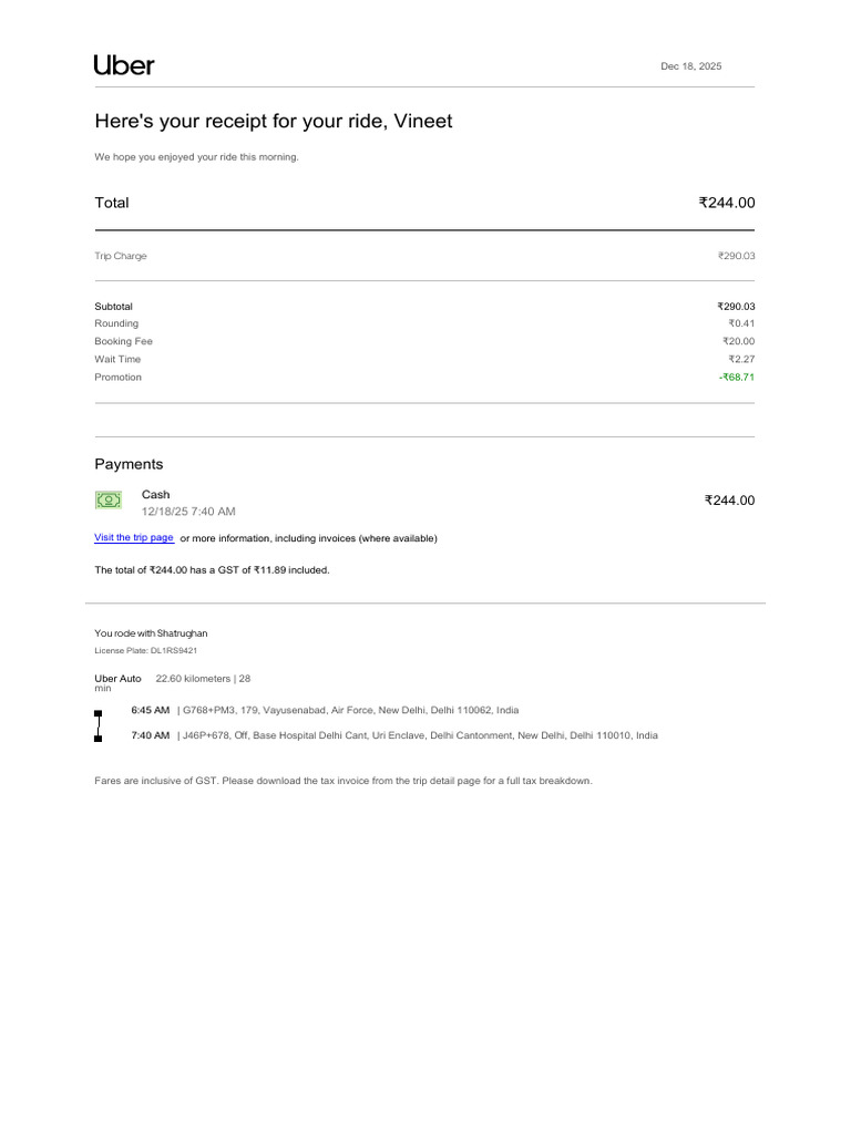 Uber Ride Receipt for Vineet | PDF