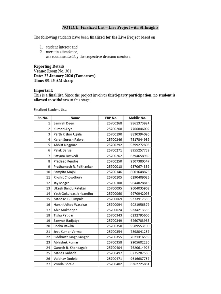 Finalized Student List for Live Project | PDF