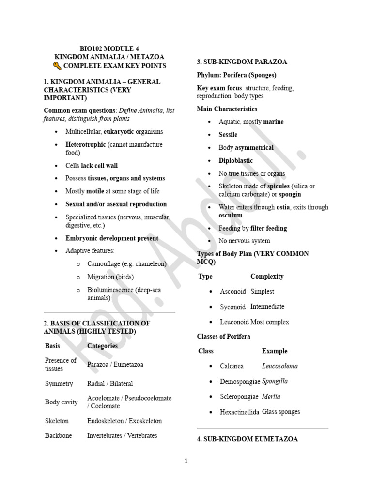 Exam Key Points: Kingdom Animalia | PDF | Sponge | Zoology