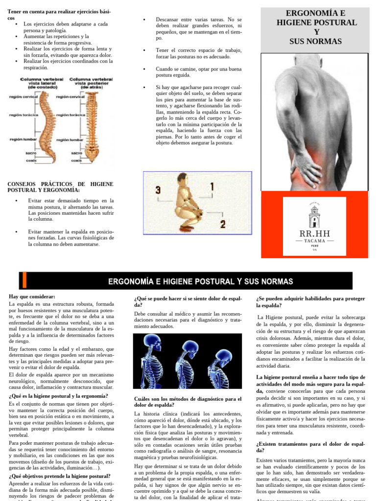 TRIPTICO DE ERGONOMIA E HIGIENE POSTURAL (1) | PDF | Dolor lumbar | Enfermedades y trastornos ...