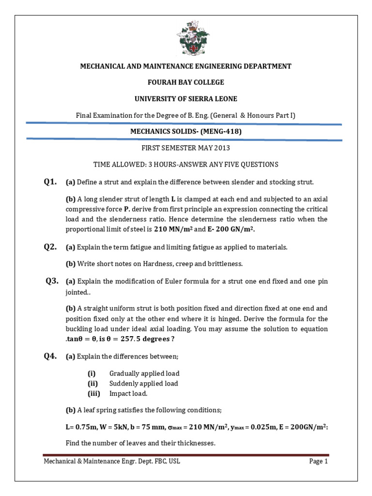 Mechanics Solids Exam Questions 2013 | PDF | Buckling | Applied And ...
