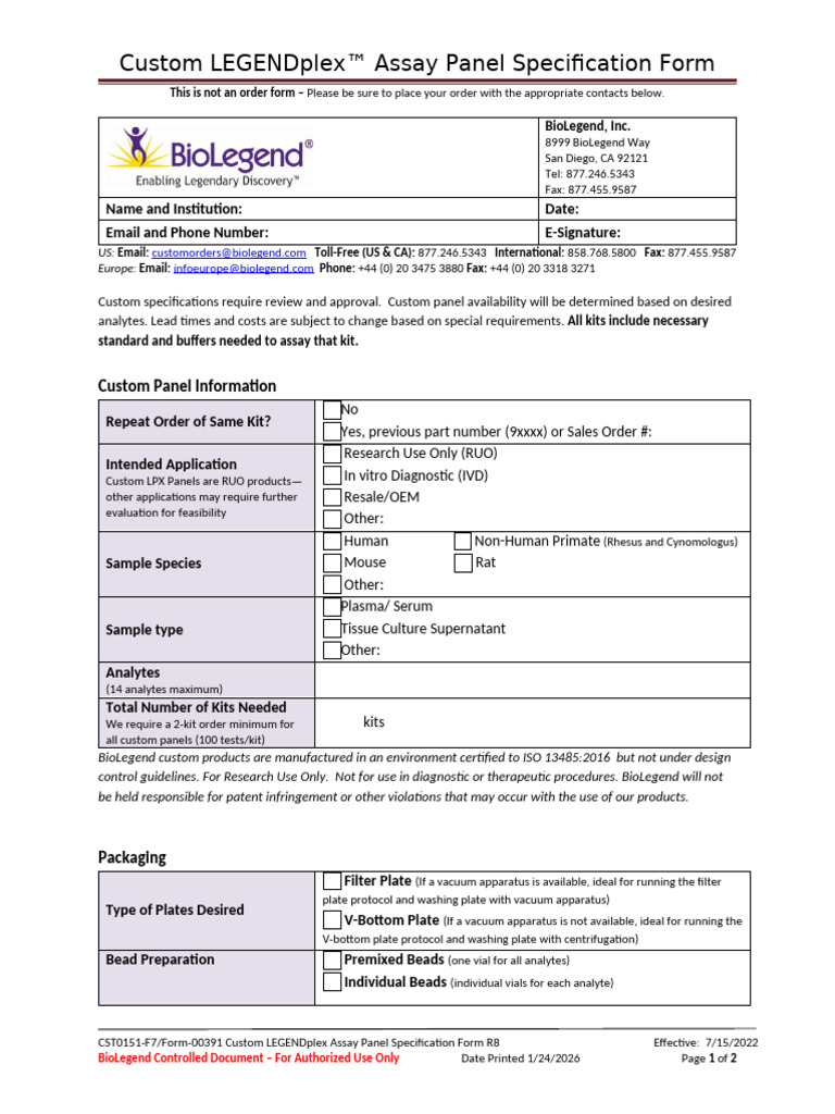 CST015 F7 Custom LEGENDplex TM Assay Panel Specification Form R8 1 ...