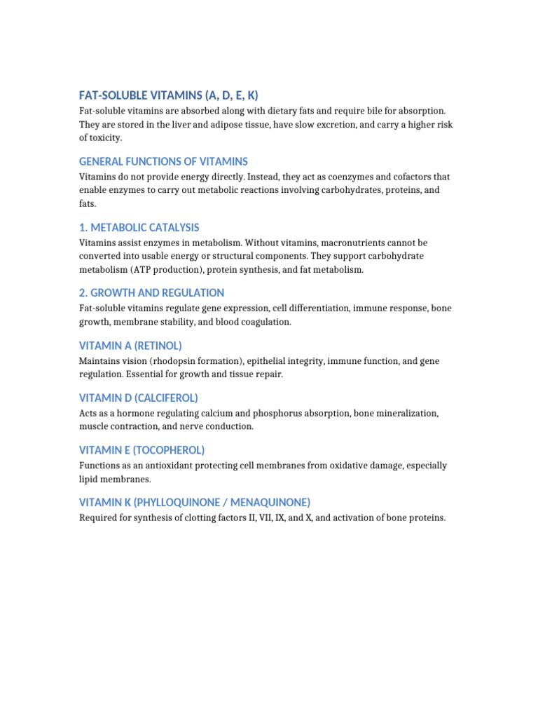 Essential Functions of Fat-Soluble Vitamins | PDF