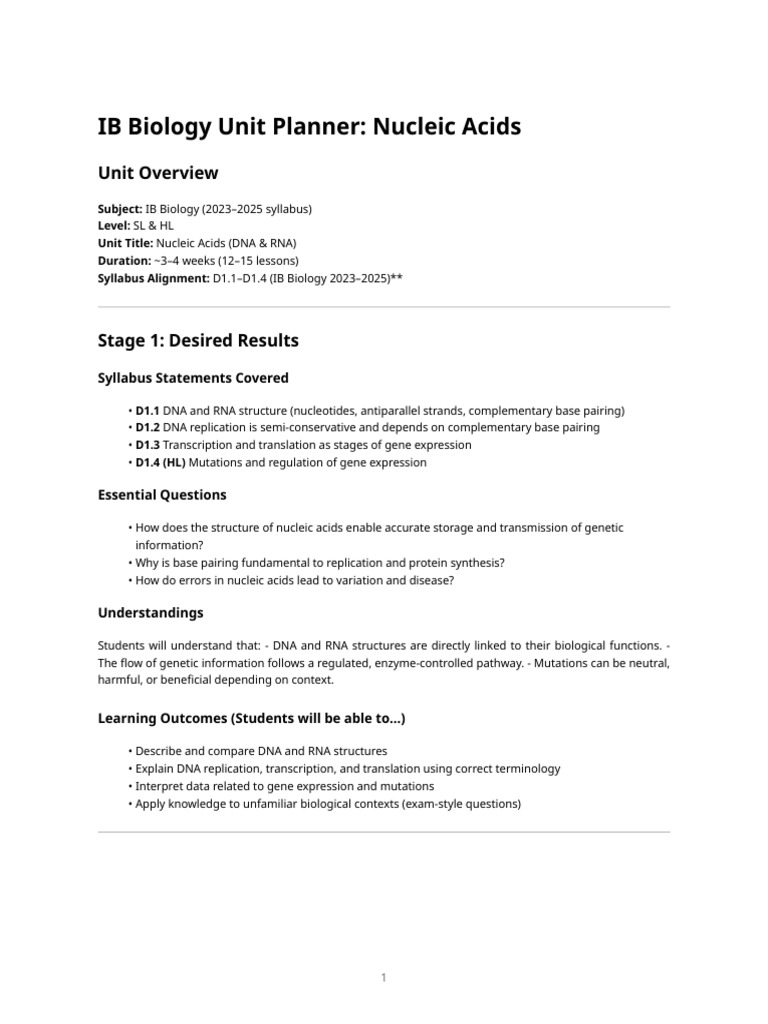 IB Biology Nucleic Acids Unit Plan | PDF | Dna | Translation (Biology)