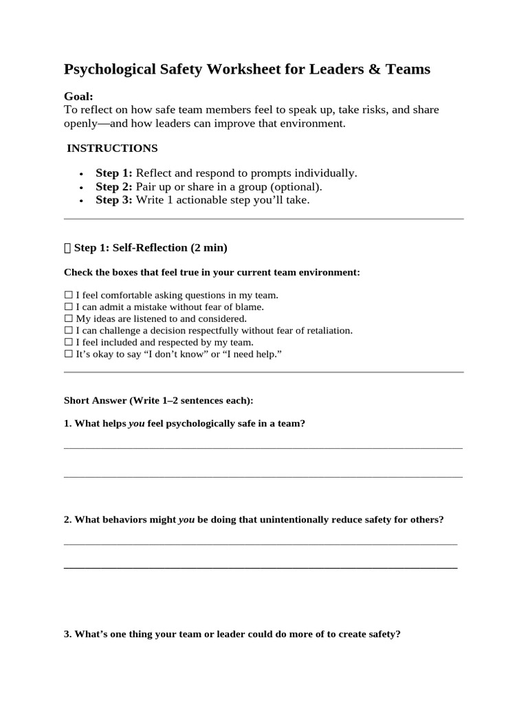 Psychological Safety Worksheet for Teams | PDF