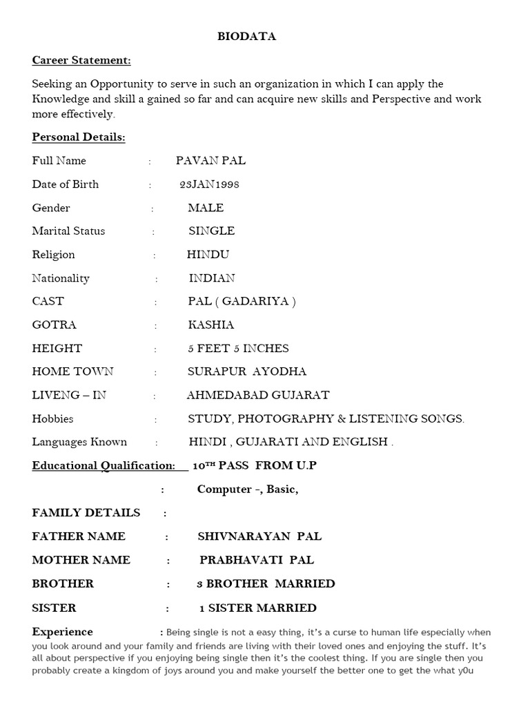 Pavan Pal's Comprehensive Biodata | PDF