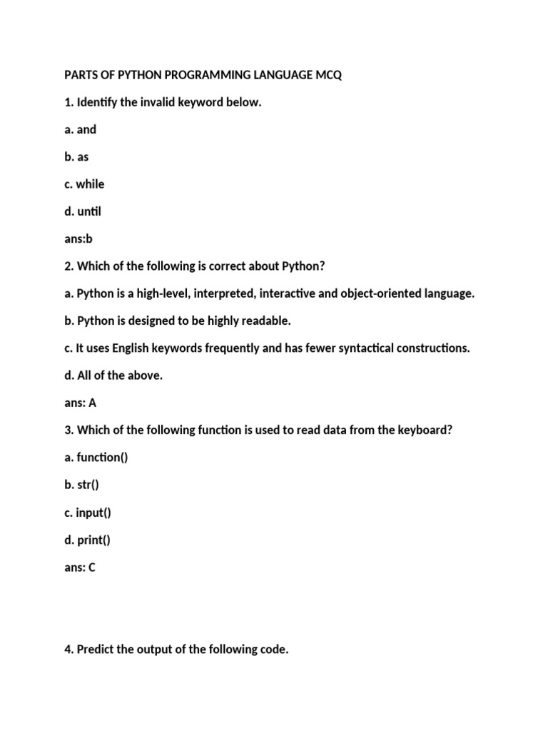 Parts of Python Programming Language MCQ | PDF | Python (Programming ...