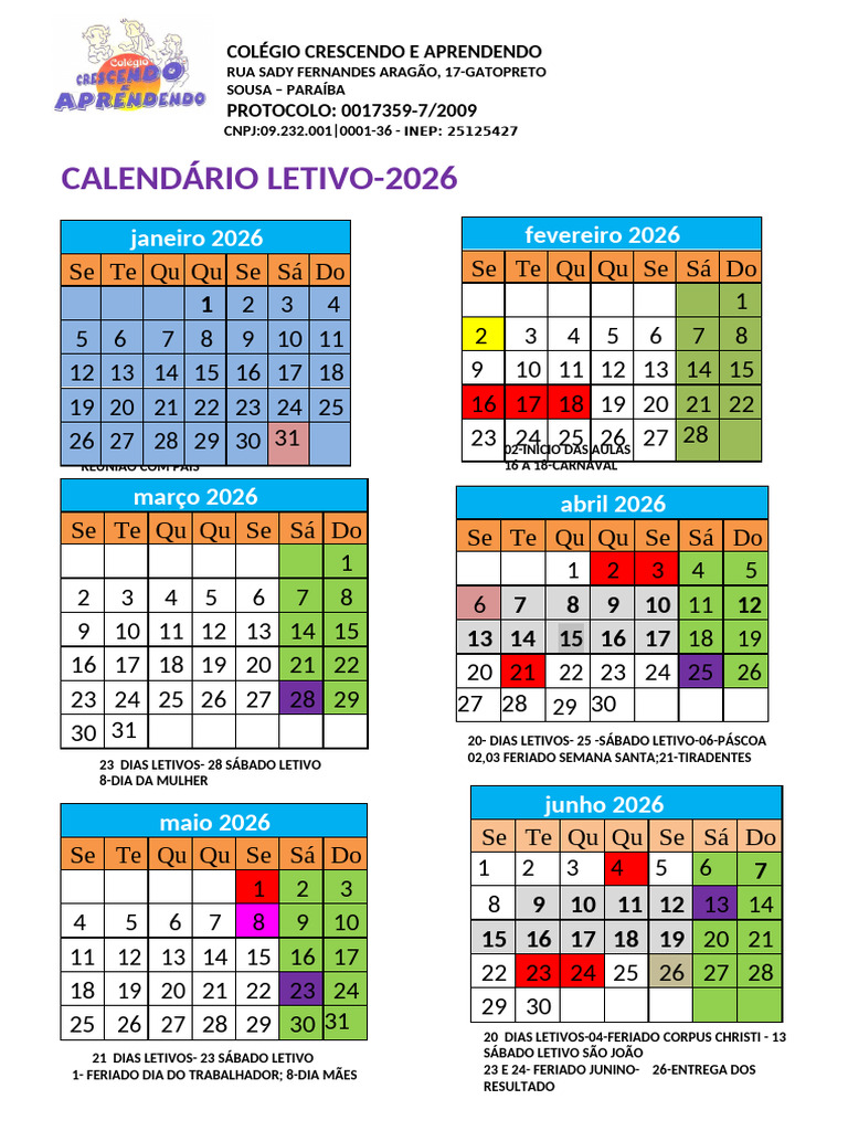 Calendário Letivo 2026 - Colégio Crescendo | PDF