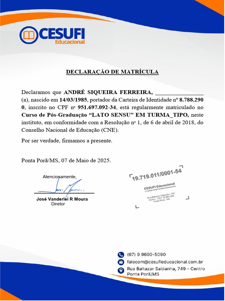Declara o de Matr Cula Cesufi Andr Siqueira Ferreira | PDF