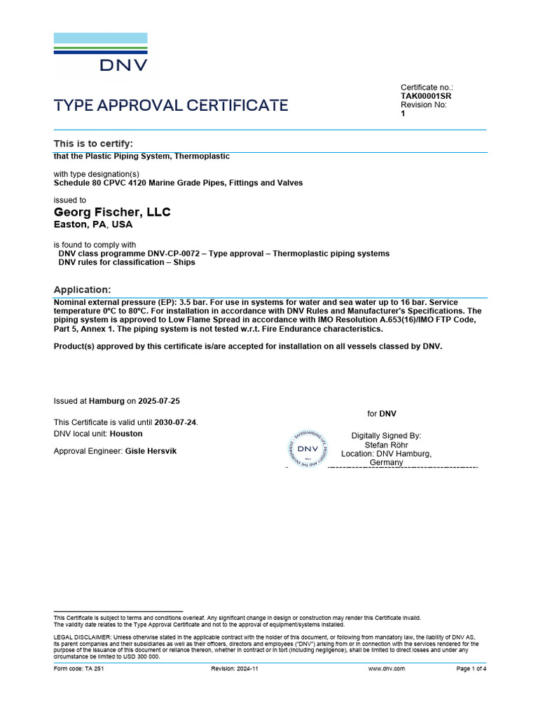 DNV Type Approval - CPVC Marine Grade | PDF | Pipe (Fluid Conveyance ...