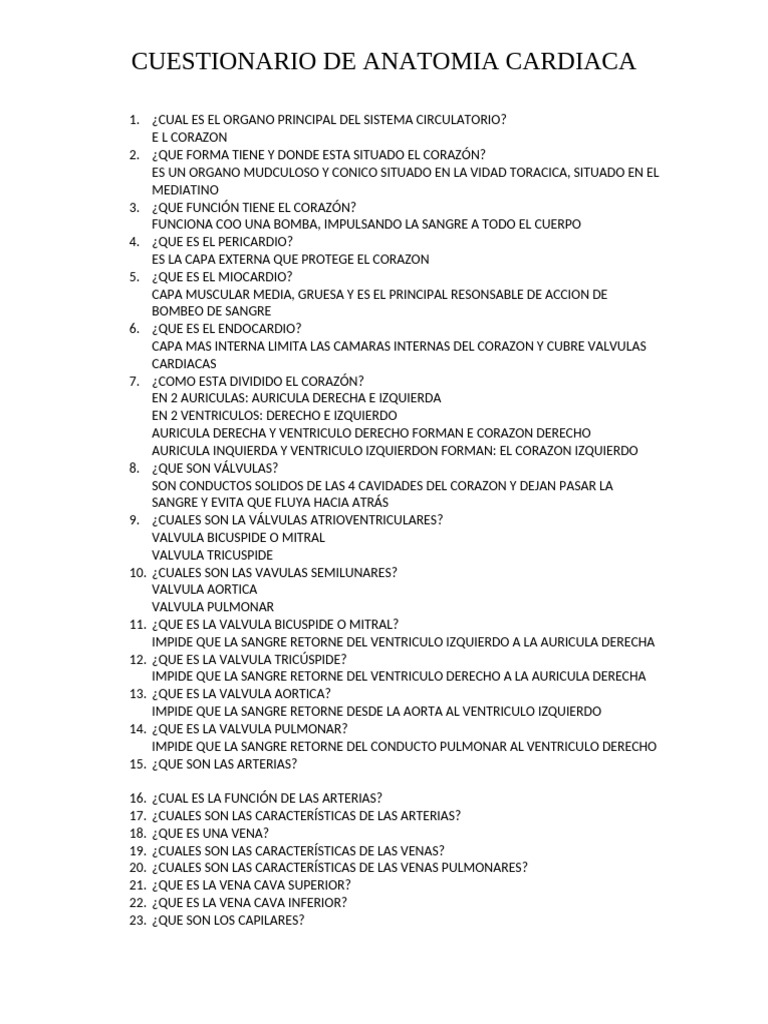 Cuestionario de Anatomia Cardiaca3333 | PDF | Ventrículo (corazón ...