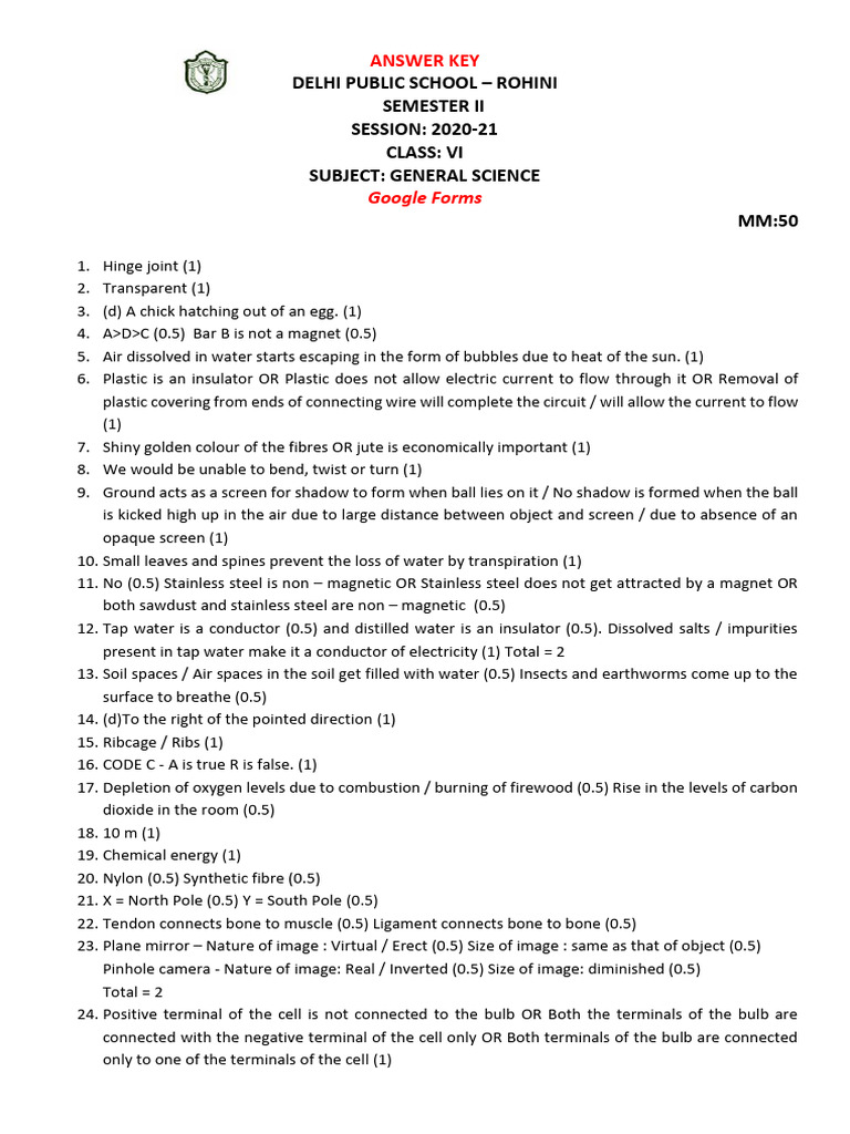 Answer Key General Science Class - Vi Sem 2 | PDF | Combustion | Oxygen