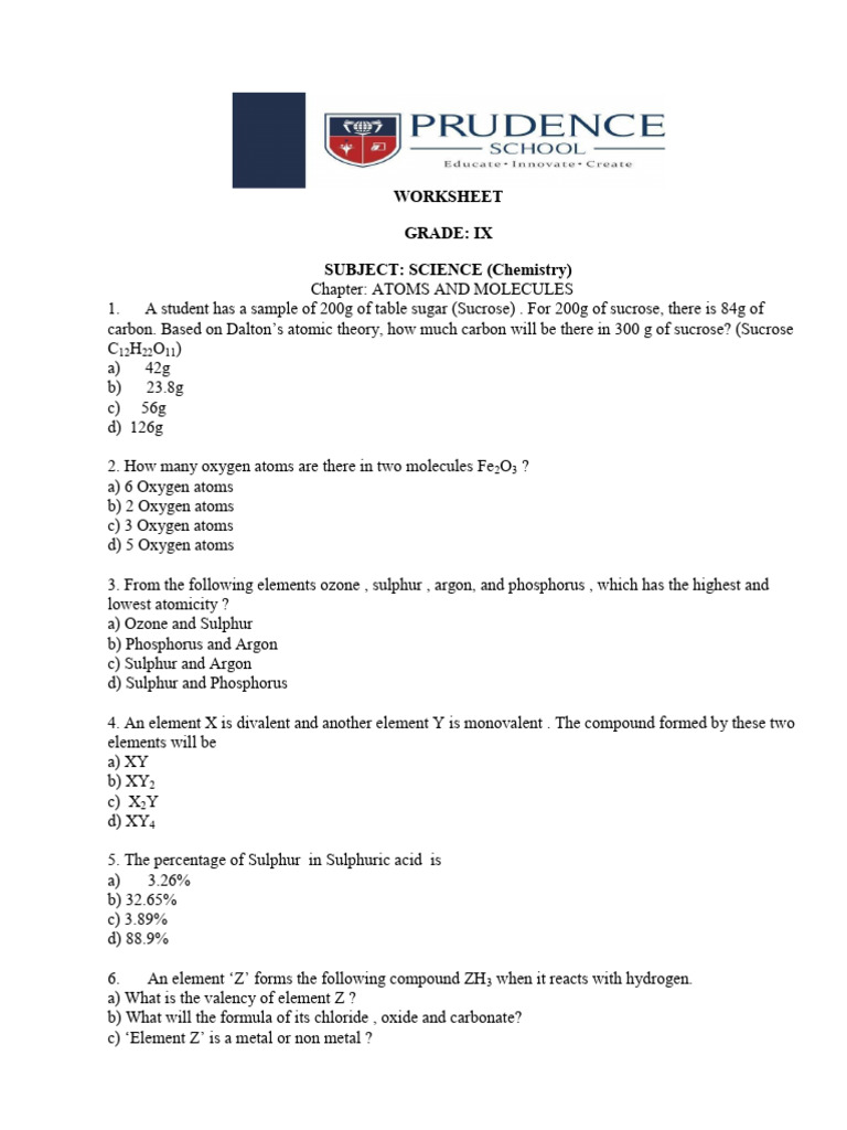 IX Grade Chemistry: Atoms & Molecules Worksheet | PDF | Ion | Chemical ...