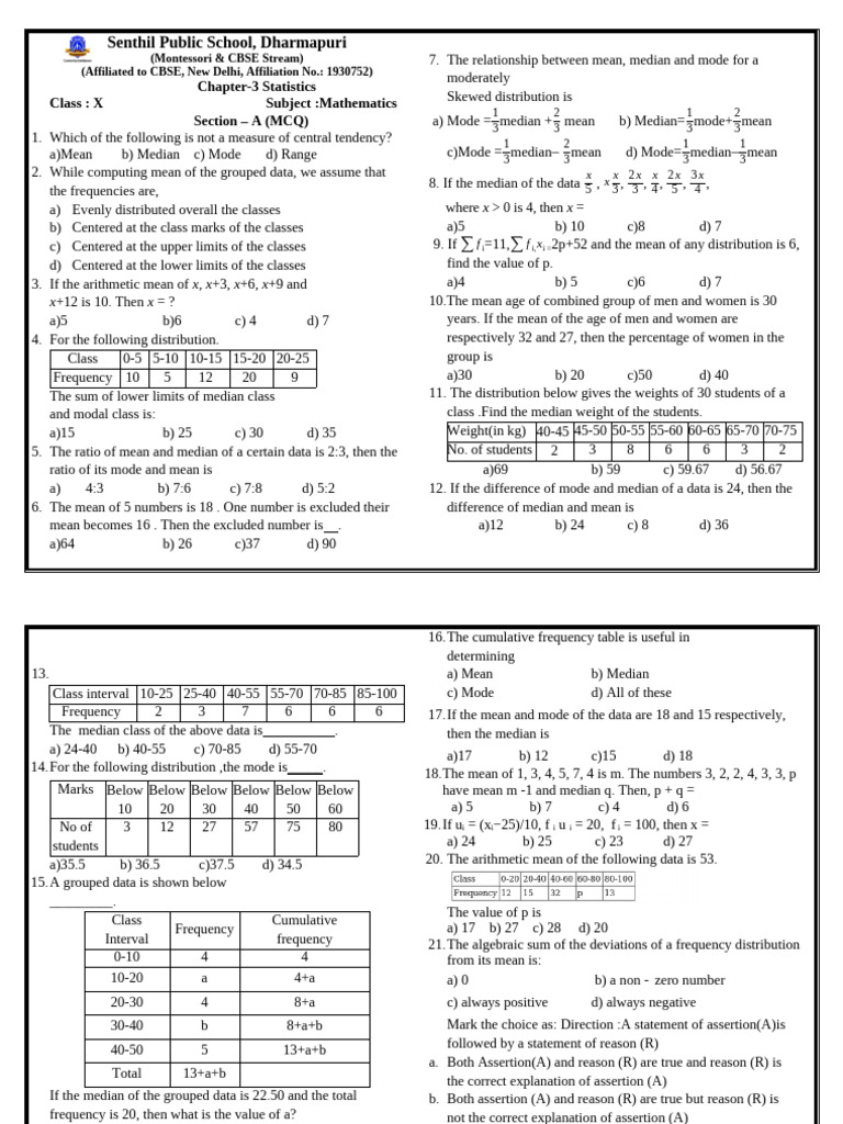 Ch-13 Worksheet Class X Statistics | PDF | Mean | Arithmetic Mean