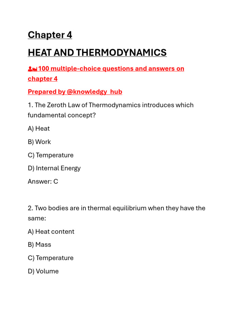 100 Thermodynamics MCQs and Answers | PDF | Heat | Heat Capacity