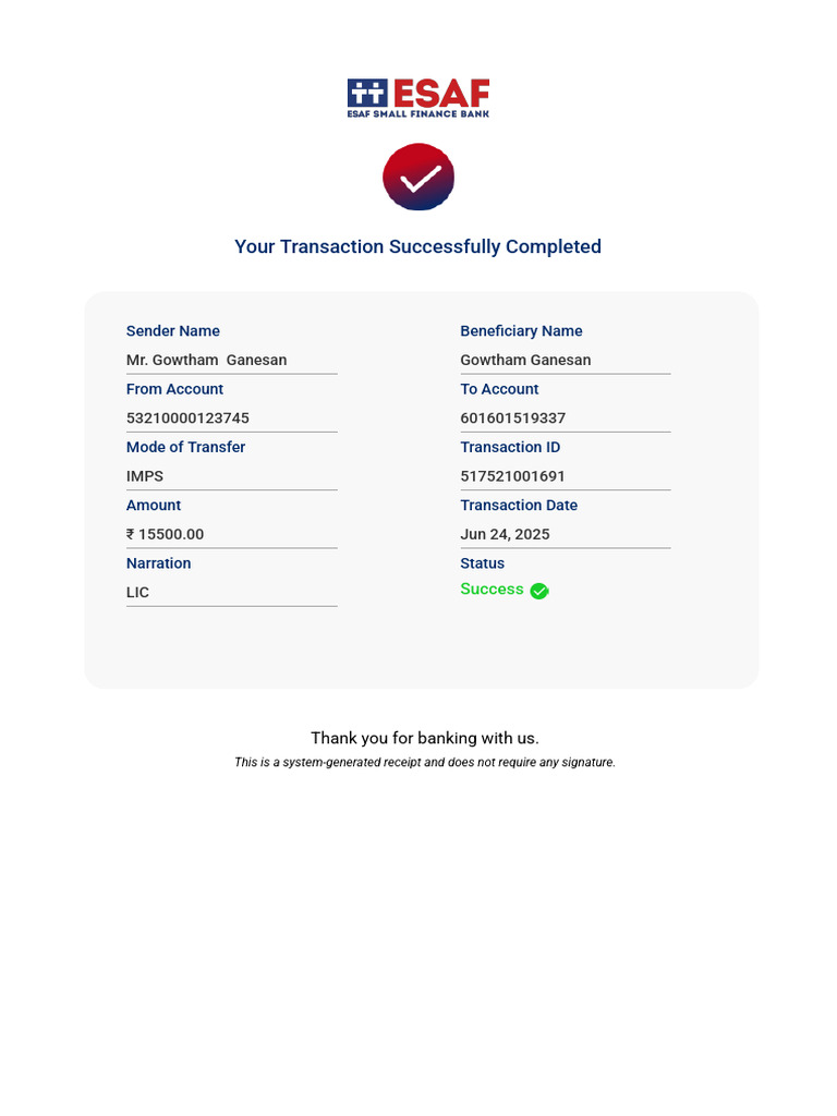 Successful IMPS Transaction Receipt | PDF