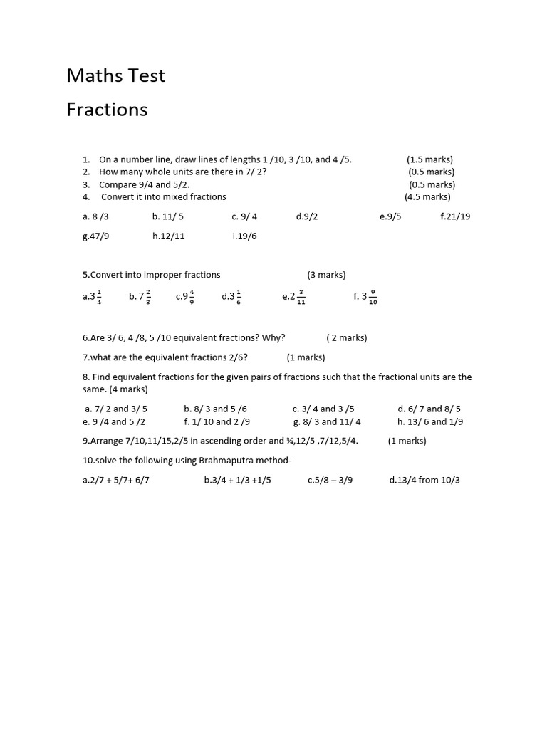 Fractions Maths Test Questions | PDF