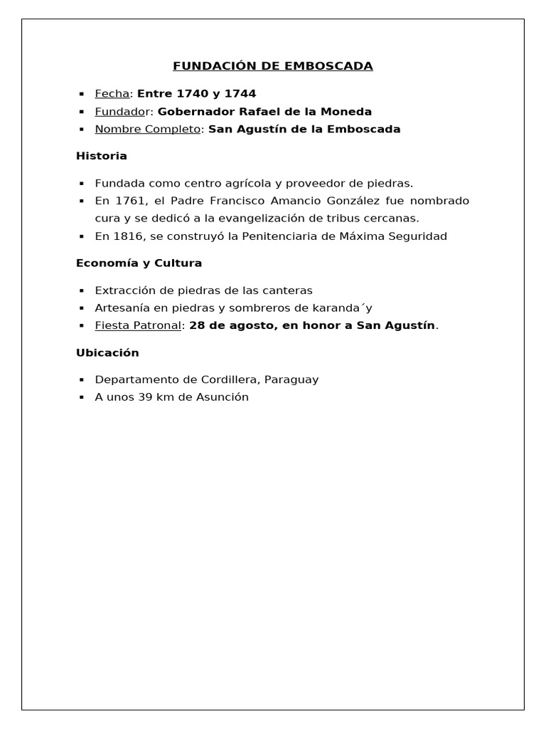 Historia y Fundación de Emboscada, Paraguay | PDF | América del Sur