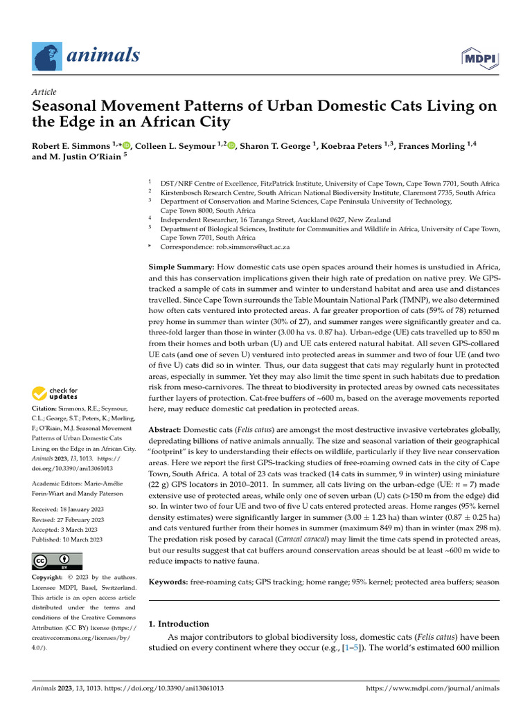 Seasonal Movement Patterns of Urban Domestic Cats Living On | PDF ...