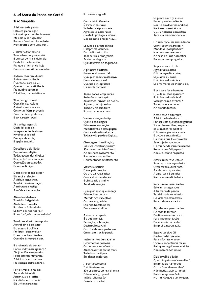 Cordel - Lei Maria Da Penha. | PDF | Violência doméstica | Violência