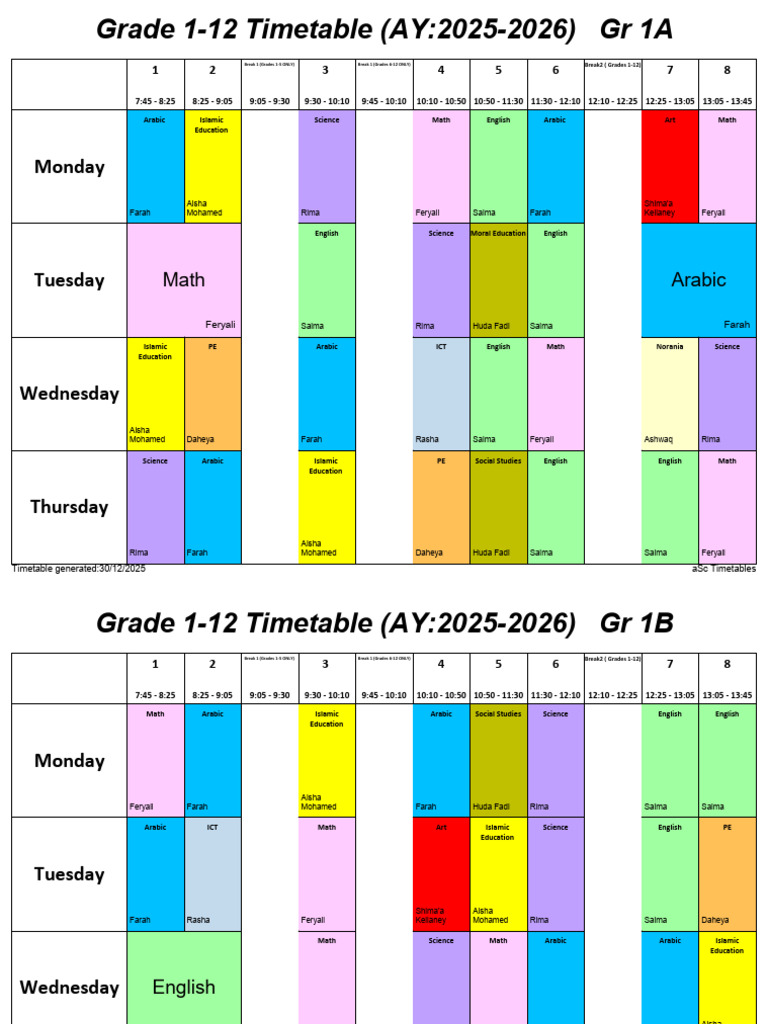 2025-2026 Grade 1-12 Timetable | PDF