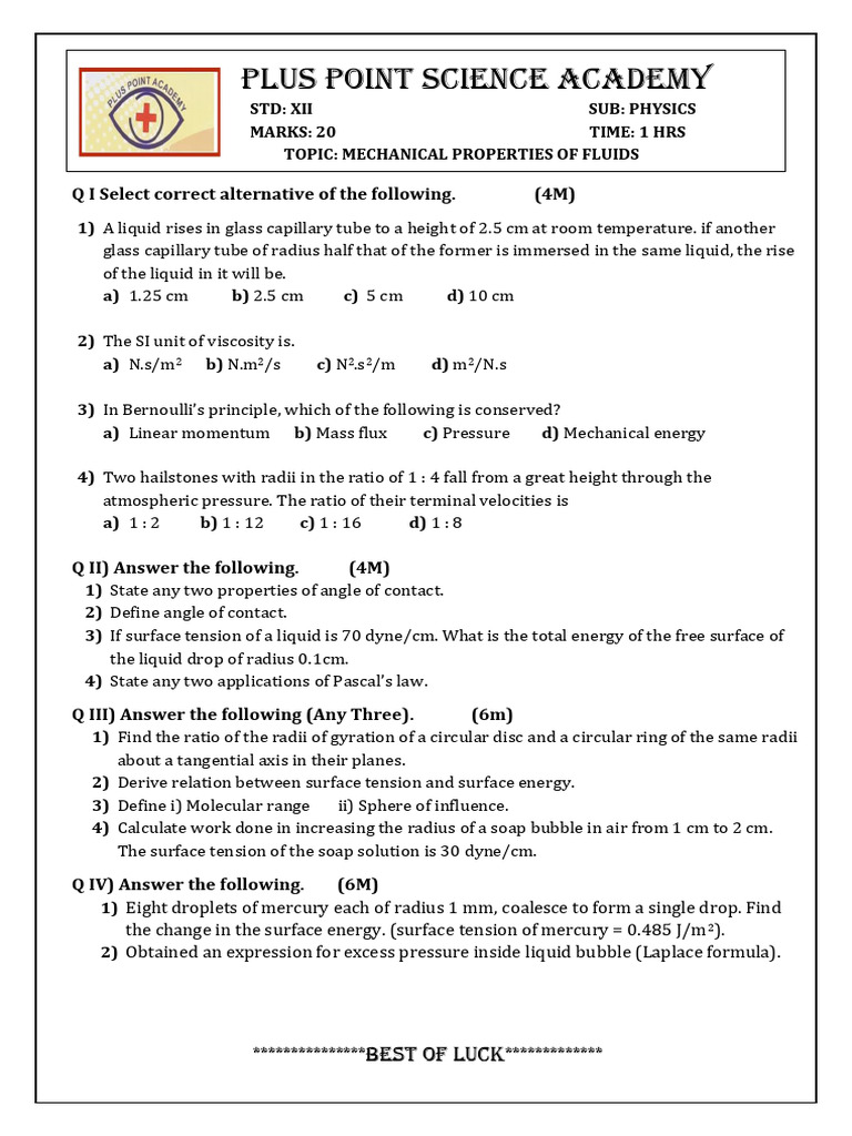 Mechanical Properties of Fluids Quiz | PDF