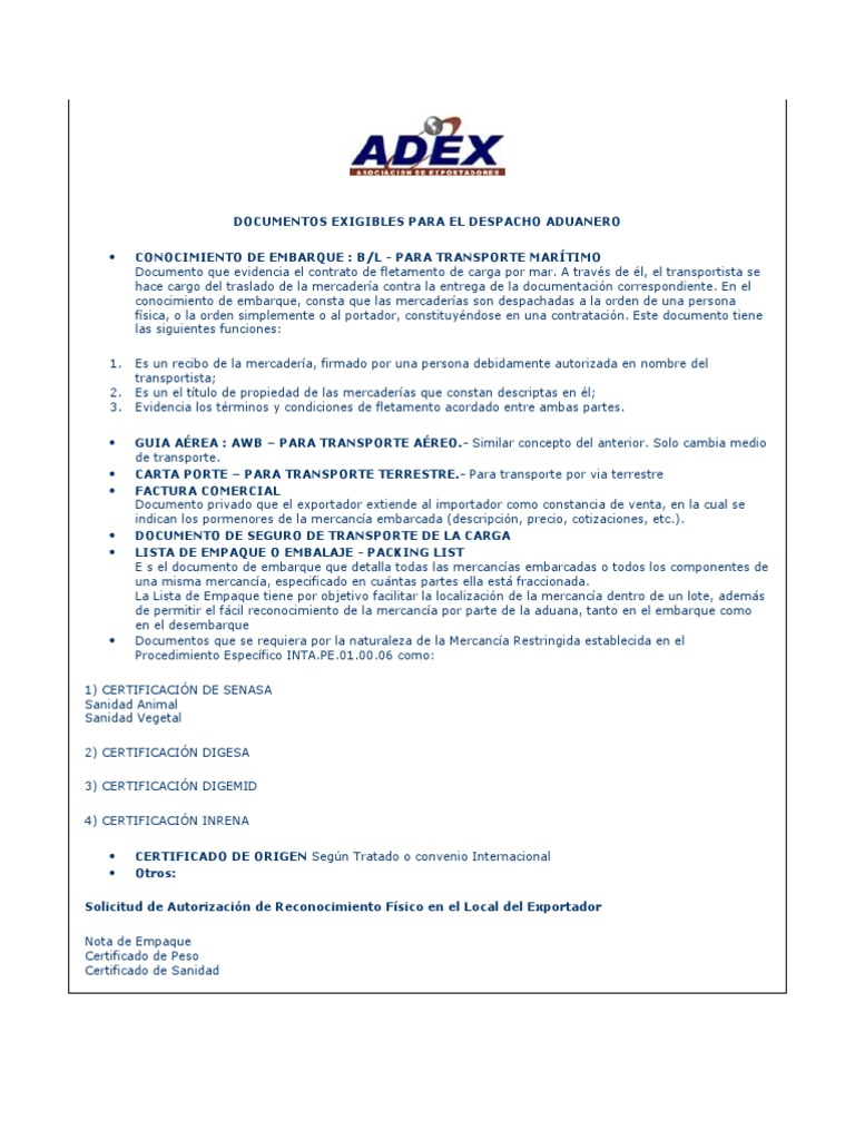 Documentos Exigibles para El Despacho Aduanero | PDF | Guía de carga ...