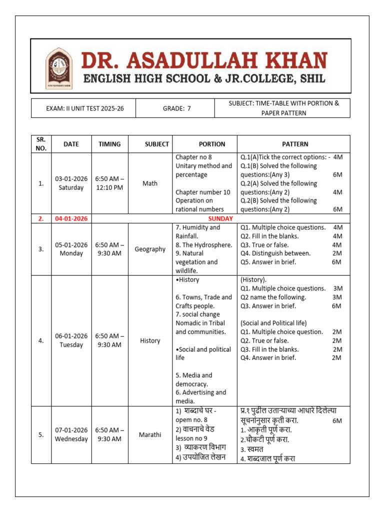 Grade 7 Unit Test Schedule 2025-26 | PDF