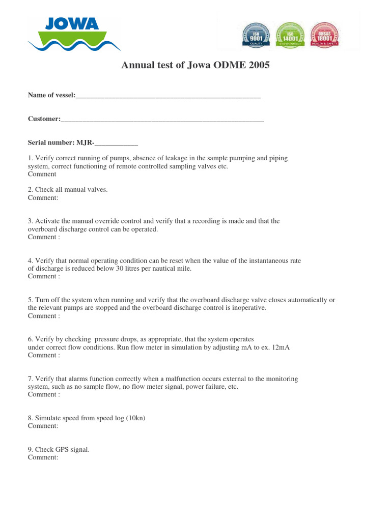 Jowa ODME 2005 Annual Test Checklist | PDF | Valve | Pump