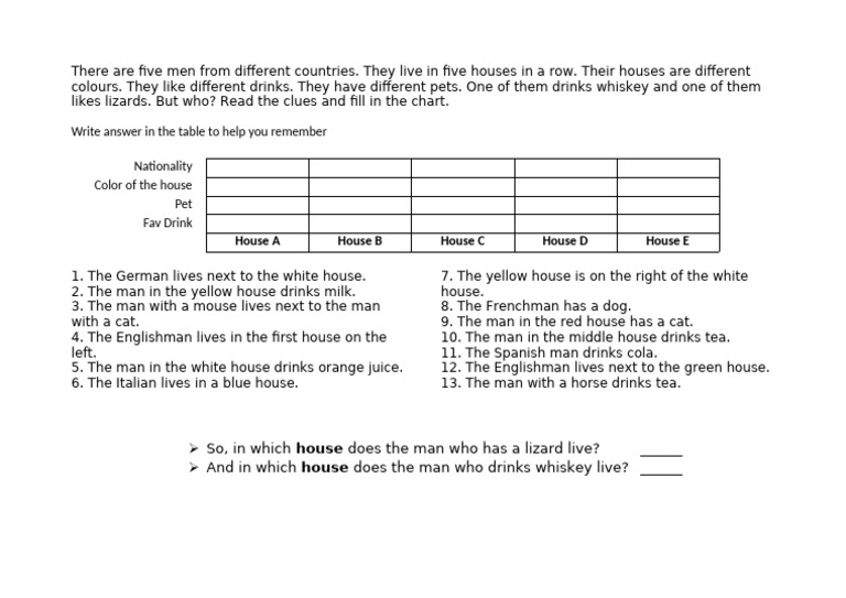 Logic Puzzle: Identify Pets and Drinks | PDF