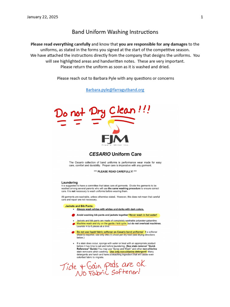Band Uniform Washing Instructions Guide | PDF